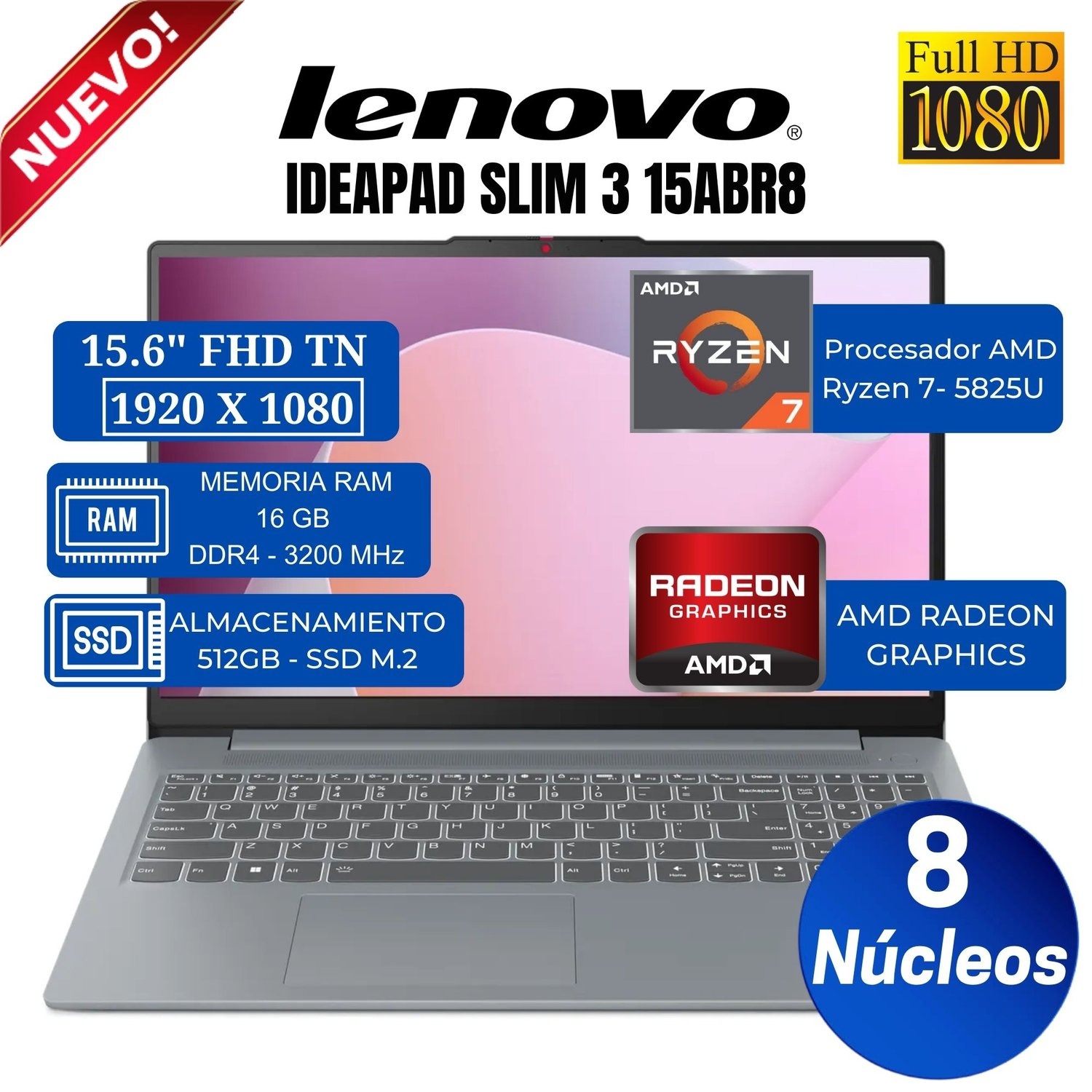 LAPTOP LENOVO SLIM3 R7-5825U 16GB RAM 512GB SSD 15.6 PULG FHD - Onlytec ...